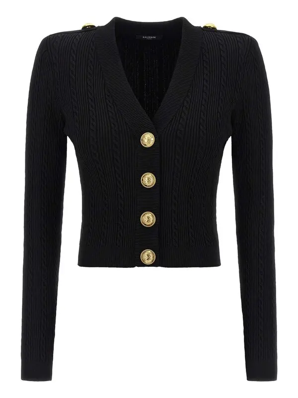 Balmain Twisted Knit Cardigan With Decorative Buttons - Black