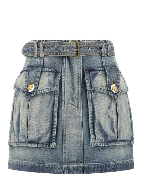 Balmain Stonewashed Cotton Denim Mini Skirt With Cargo Pockets - Blue