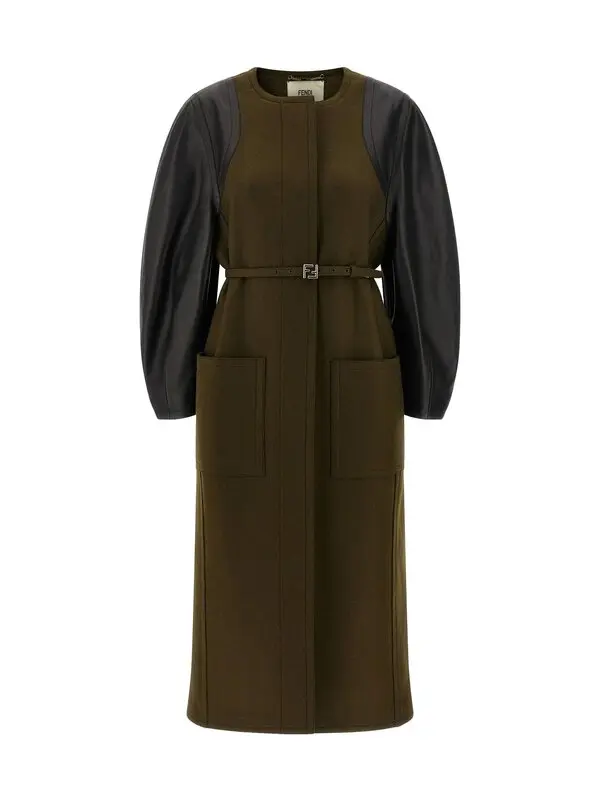 Fendi Wool Felt Crewneck Coat With Leather Sleeves - Green