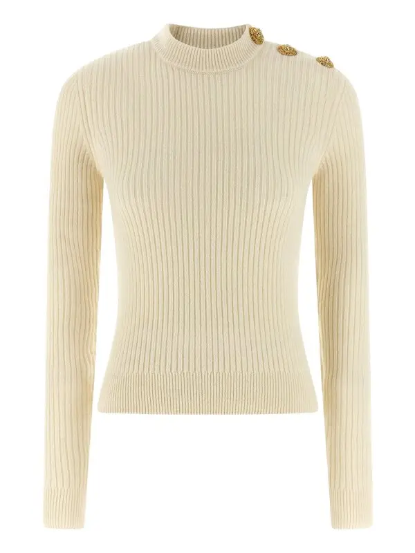 Balmain Ribbed Crew Neck Sweater With Metallic Button Detail - White