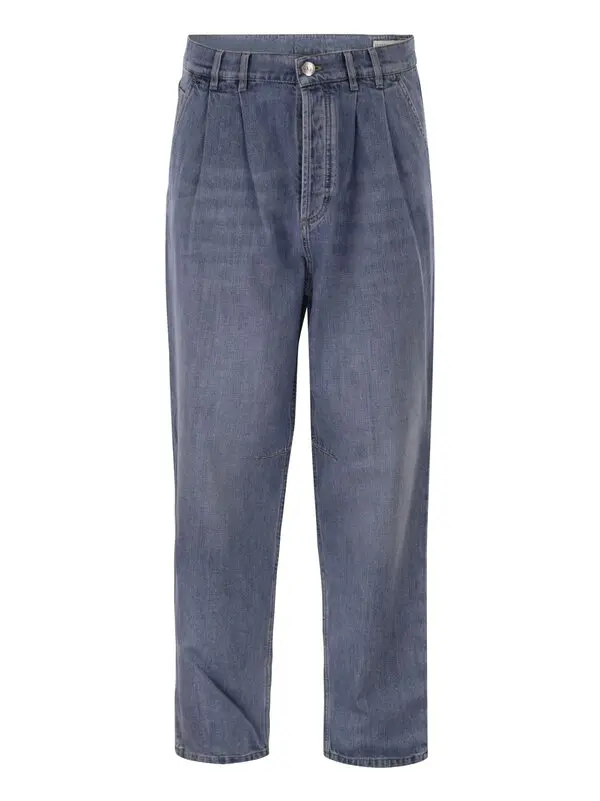 Brunello Cucinelli Baggy Cotton Denim Jeans With Double Pleats - Multicolor
