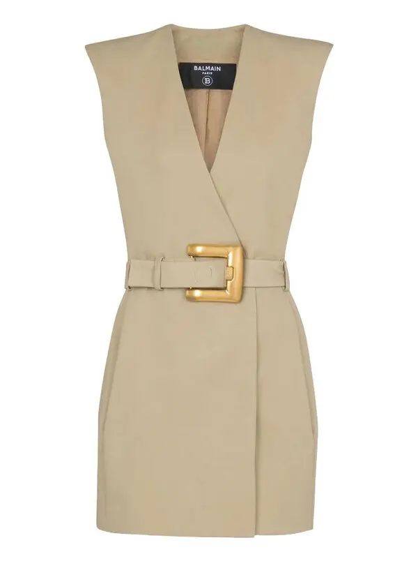 Balmain Beige Cotton Gabardine Sleeveless V-neck Dress With Anthem Buckle Belt - Cream