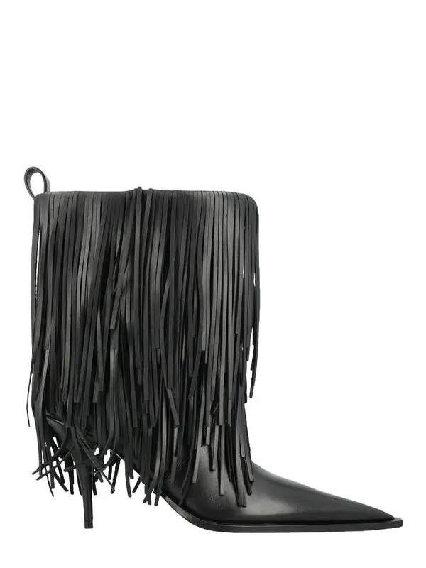 Balenciaga Fringed Leather Pointed Toe Boots - Black