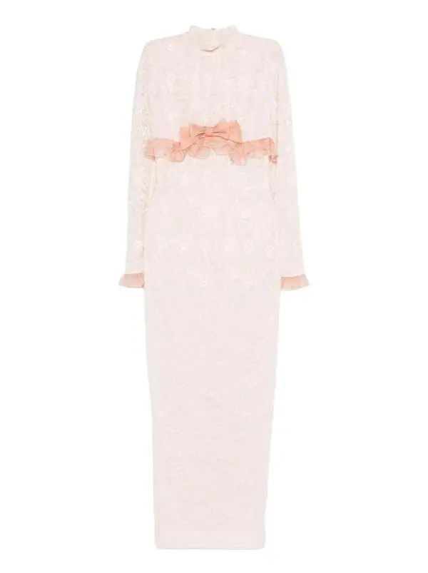 Alessandra Rich Lace Bow Detail Long Sleeve Mock Neck Dress - Pink