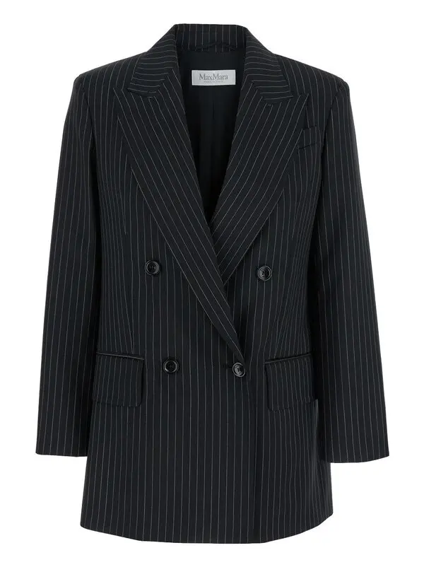 Max Mara Black Wool Double-breasted Jacket With Peak Lapel And Striped Motif - Multicolor