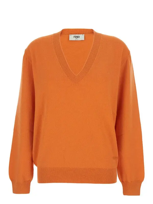 Fendi Cashmere V-neck Oversized Sweater With Logo Embroidery - Multicolor