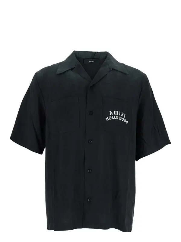 Amiri Black Shirt With Cuban Collar And Logo Lettering On Front In Modal - Multicolor