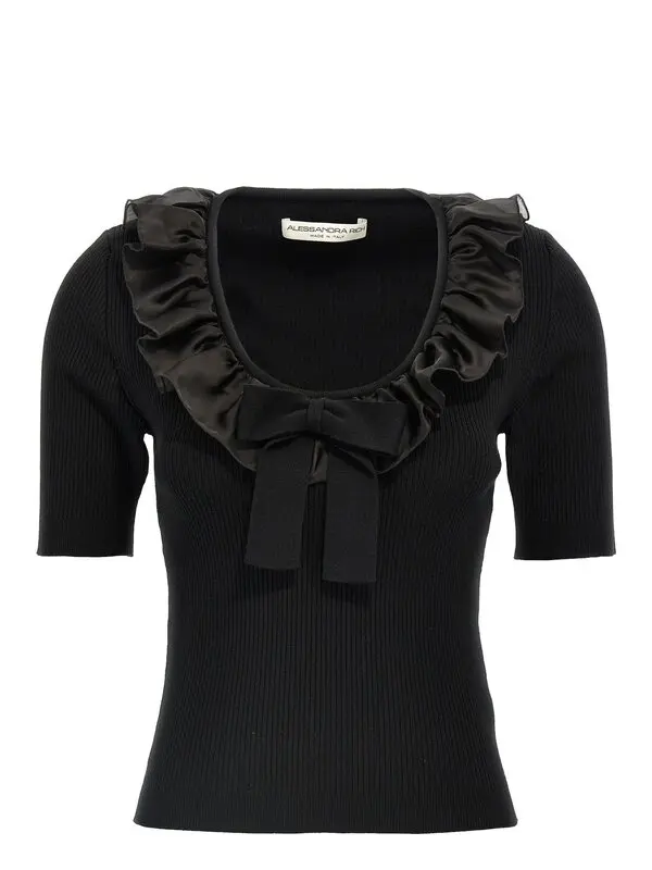 Alessandra Rich Ribbed T-shirt With Ruffle Neckline And Bow Detail - Black