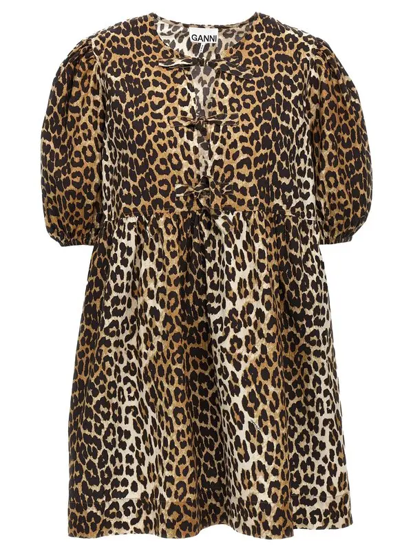 GANNI Leopard Print Cotton Poplin Dress - Multicolor
