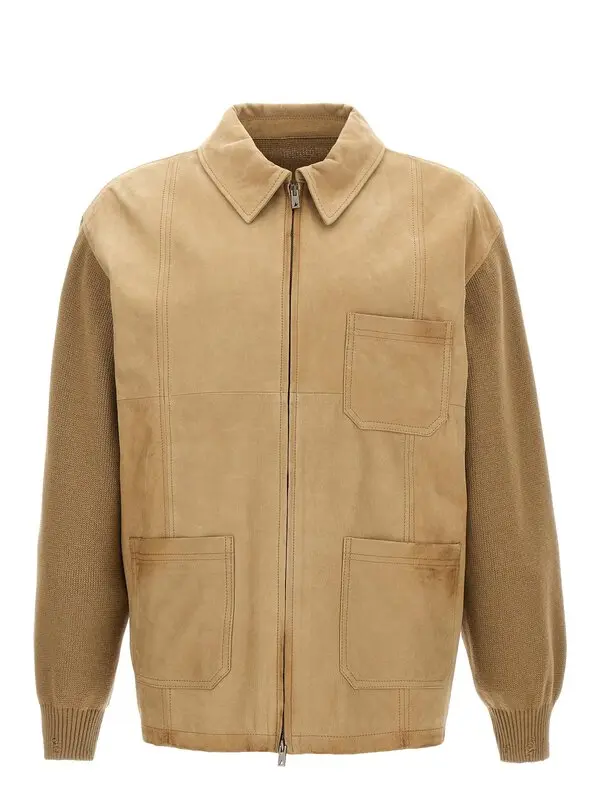 GOLDEN GOOSE Neil Wool Blend Knit And Nubuck Leather Jacket - Cream