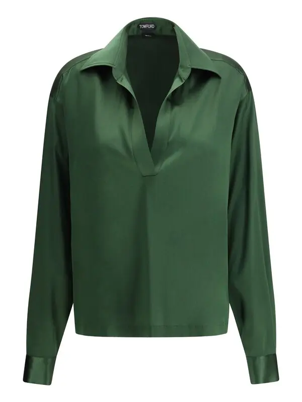 TOM FORD Stretch Silk Shirt With Embroidered Logo - Green