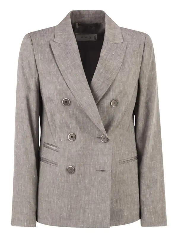Peserico Double-breasted Blazer In Linen And Wool Blend - Brown