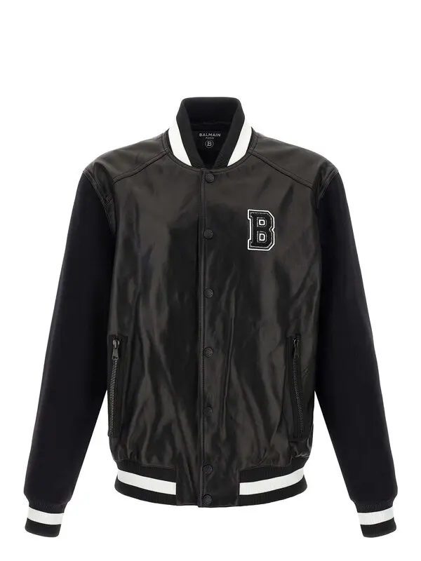 Balmain Varsity Bomber Jacket With Leather And Wool Sleeves - Multicolor