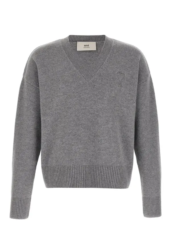 AMI Paris V-neck Wool & Cashmere Sweater With Puff Logo Patch - Gray
