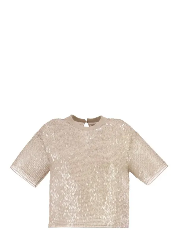 Brunello Cucinelli Embellished Silk T-shirt - Cream