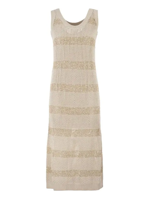 Brunello Cucinelli Cotton Mesh Knit Dress With Sequin Embellishments - Cream