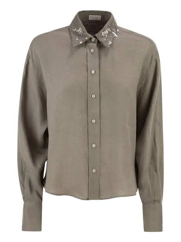 Brunello Cucinelli Linen Shirt With Sequin-embroidered Collar - Yellow