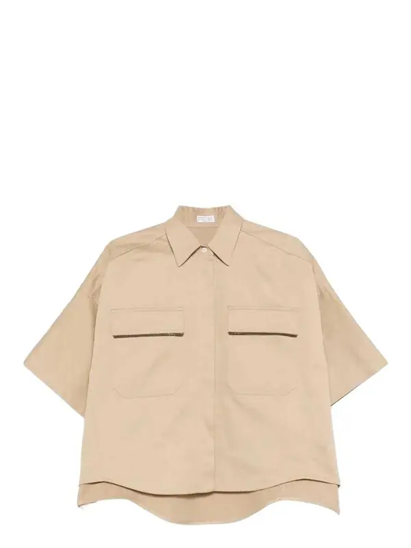 Brunello Cucinelli Short Sleeve Cotton Linen Shirt - Brown