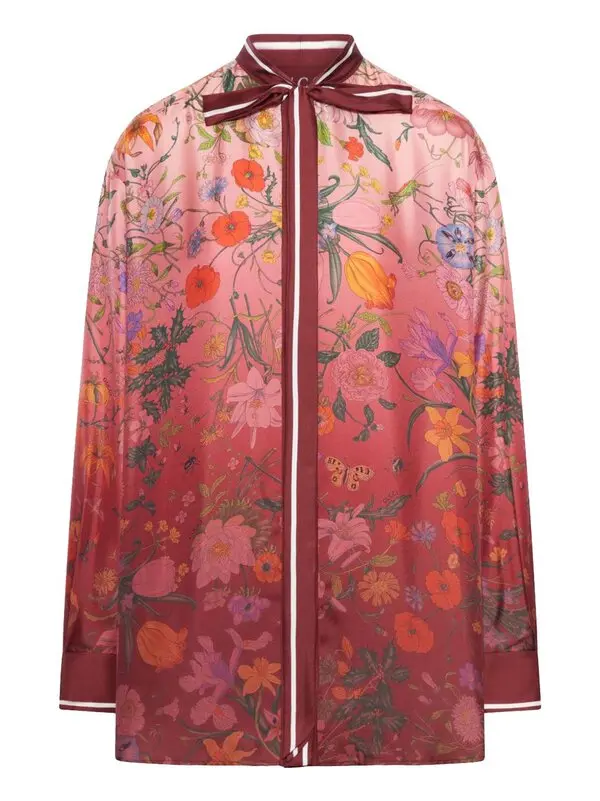 Gucci Printed Silk Floral Ombré Tie Neck Shirt - Multicolor