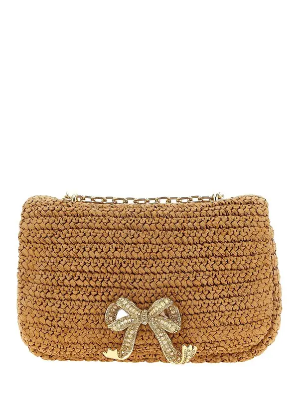 SELF-PORTRAIT Raffia Shoulder Bag With Bow Charm - Cream