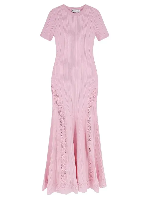 SELF-PORTRAIT Ribbed Knit Lace Insert Midi Dress - Pink