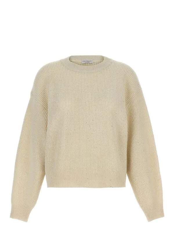 Brunello Cucinelli Cashmere Blend Sequin Appliqué Crew Neck Long Sleeve Sweater - White