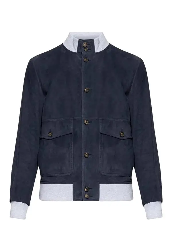 Eleventy Leather Jacket With Button Details And Ribbed Trims - Blue