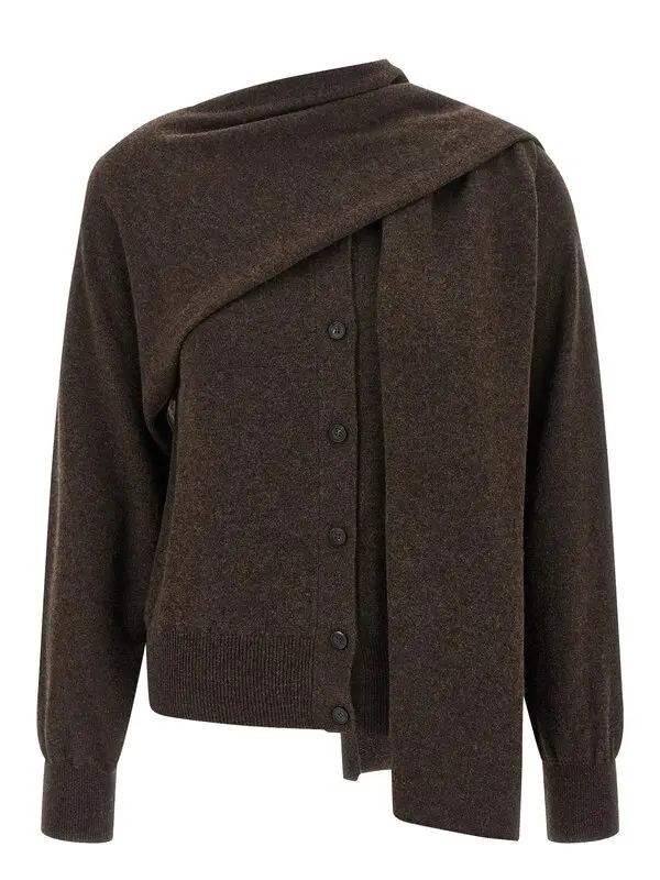 FERRAGAMO Mélange Cashmere Cardigan With Scarf Insert - Brown