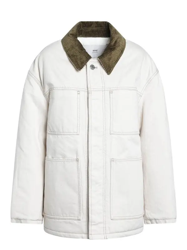 Ami Padded Worker Jacket In Ivory Cotton - White