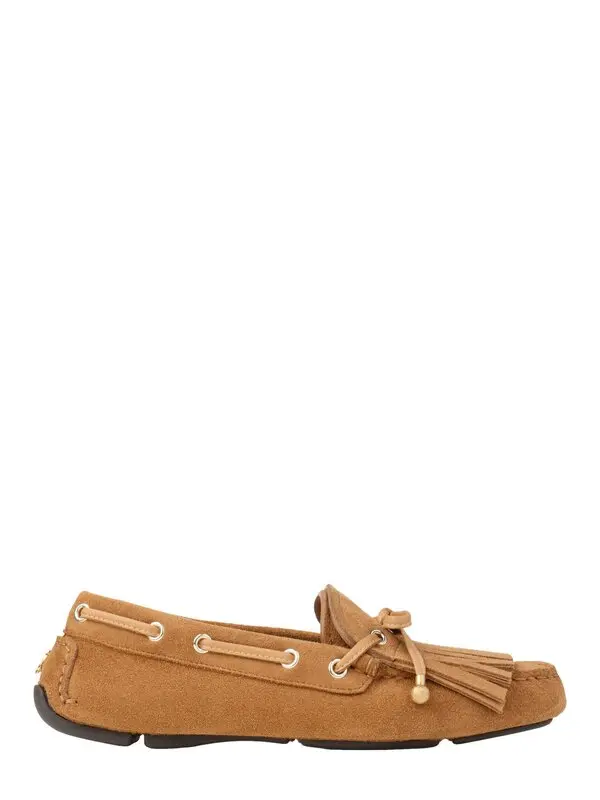 JIMMY CHOO Manon Loafers In Reverse Suede With Metal Orb Detailing - Toffee/gold