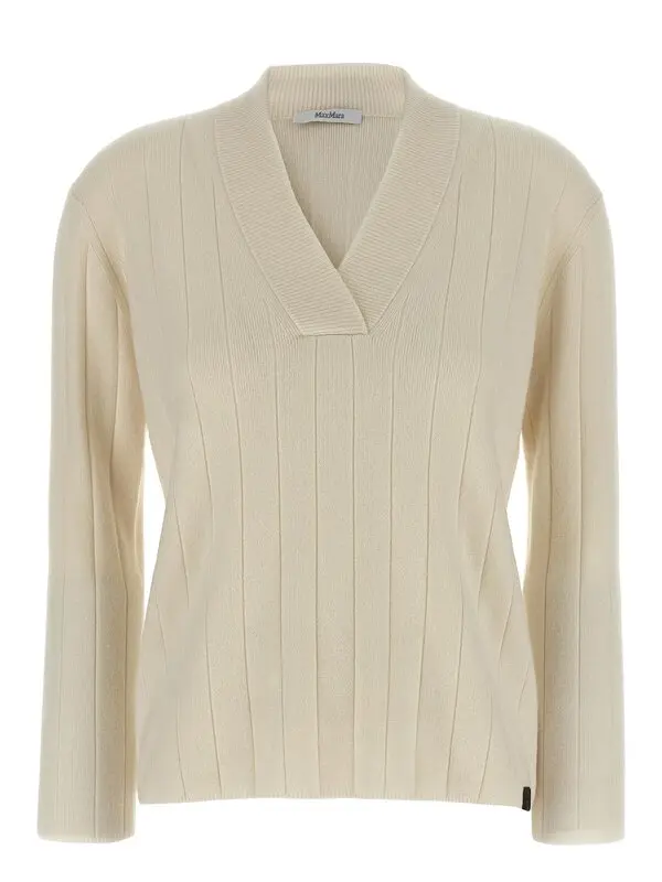 Max Mara Arten Cashmere Sweater With Crossed V-neck And Ribbed Detailing - White
