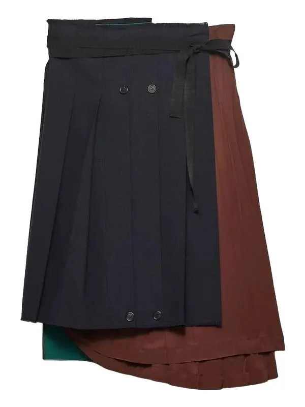 Prada Wool Patchwork Pleated Midi Skirt - Multicolor