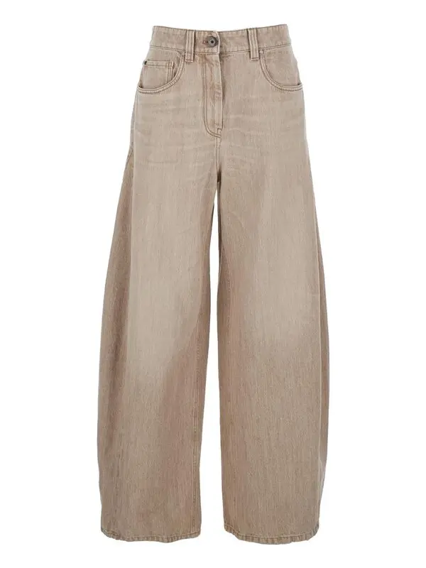 Brunello Cucinelli Beige Denim Five-pocket Design Jeans With Logo Patch On The Back For - Cream