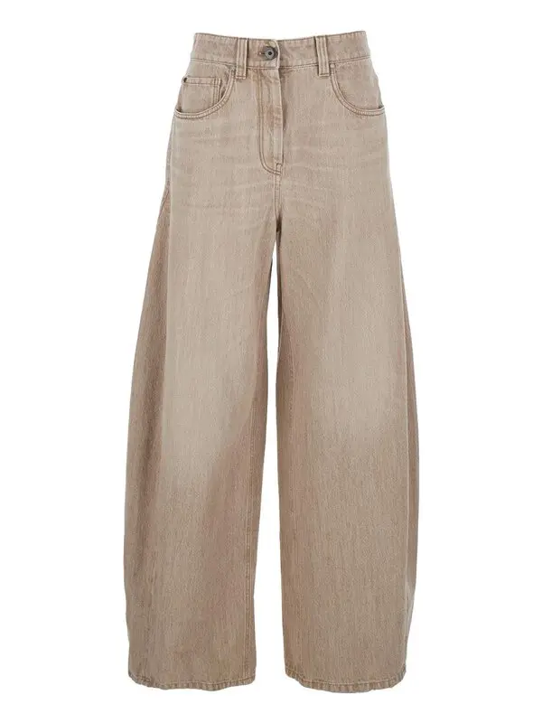 Brunello Cucinelli Beige Denim Balloon Fit Jeans With Back Logo Patch - Multicolor