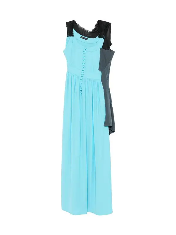 Balenciaga Asymmetrical Paneled Sleeveless Dress With Lace Detailing - Blue