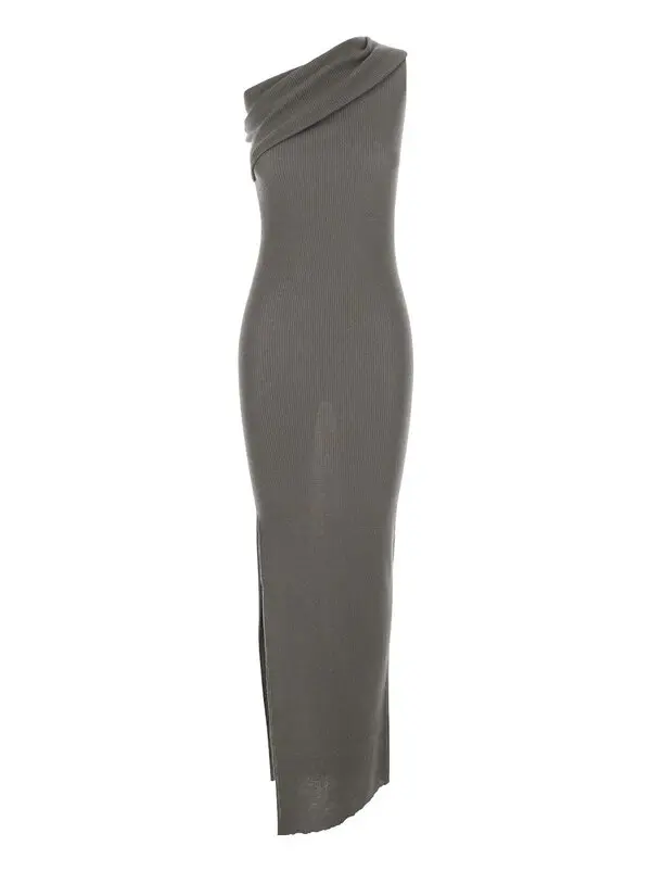 Rick Owens Asymmetric Ribbed Knit Long Dress - Gray