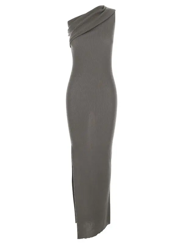 Rick Owens Asymmetric Ribbed Knit Long Dress - Gray