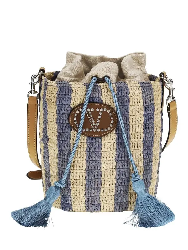 Valentino Garavani Striped Raffia Bucket Bag With Palladium-finish Hardware - Blue