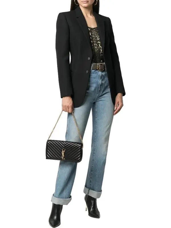 Saint Laurent Quilted Lambskin Shoulder Bag With Monogram Detail - Black
