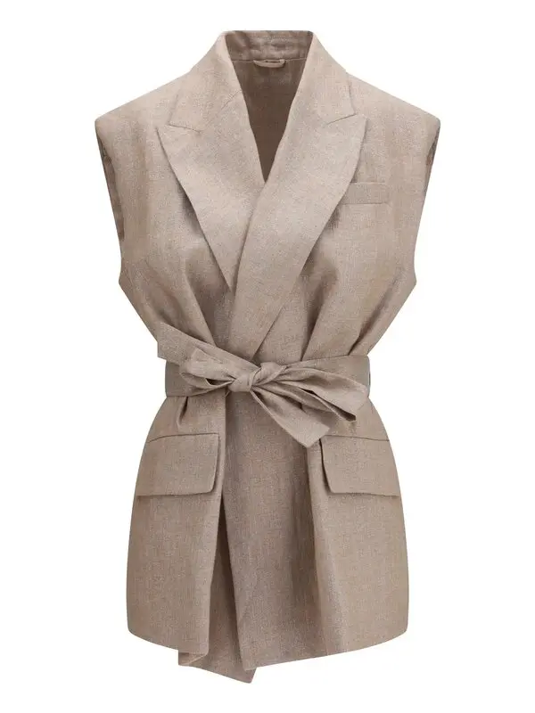 Brunello Cucinelli Linen Blend Vest With Peak Lapel And Belt - Cream