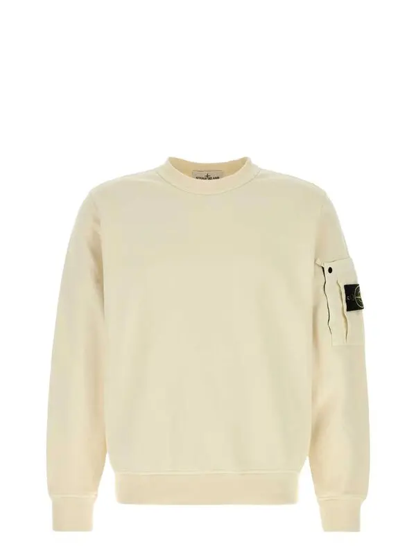 Stone Island Beige Cotton Crew Neck Sweatshirt With Chest Pocket - Cream
