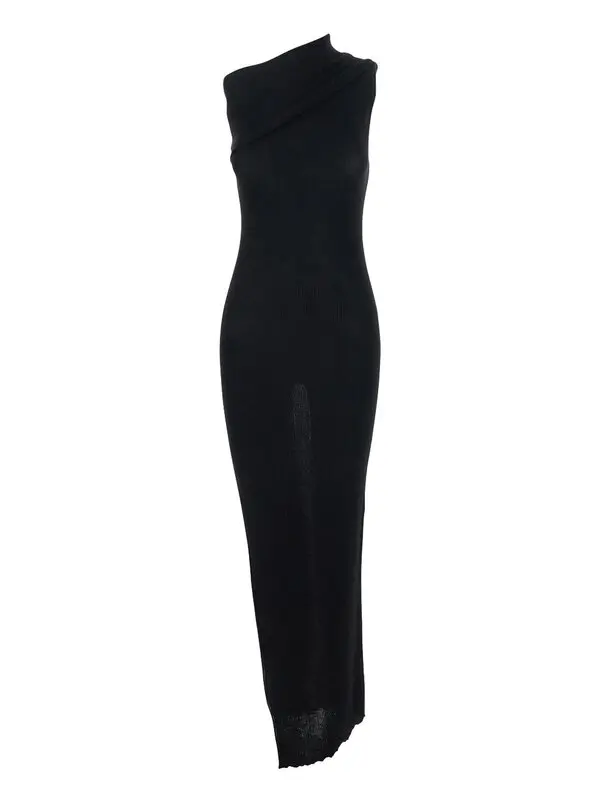Rick Owens Asymmetric Ribbed Knit Cotton Long Dress - Black