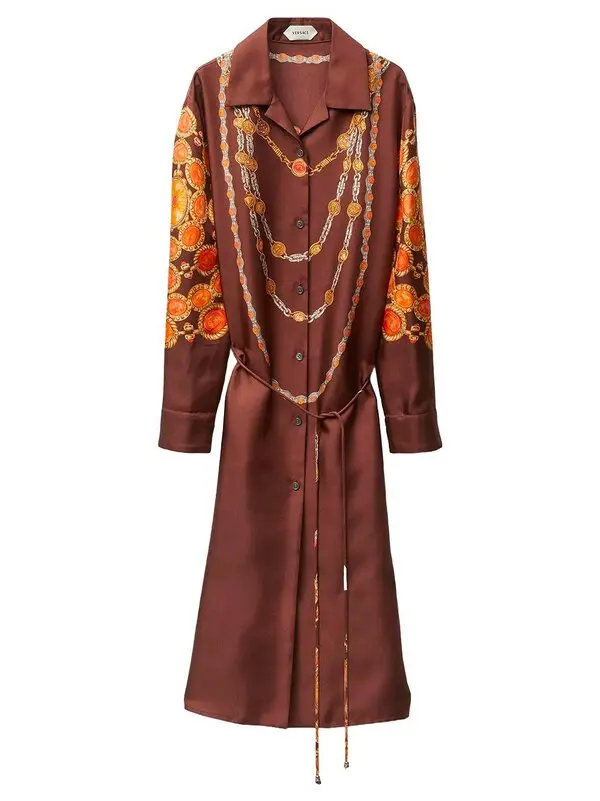 Versace Printed Silk Twill Mini Shirt Dress - Brown