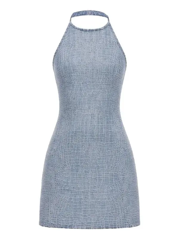SELF-PORTRAIT Rhinestone Croc Effect Denim Mini Dress - Multicolor