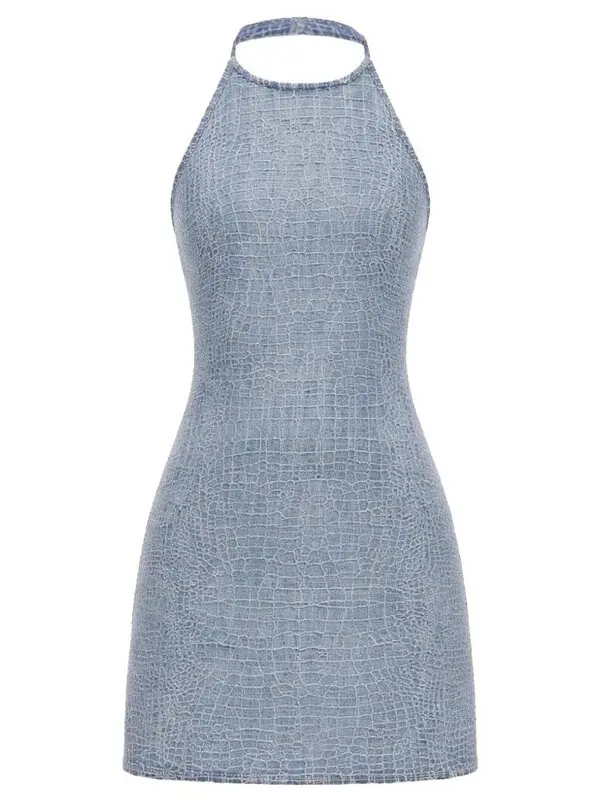 SELF-PORTRAIT Rhinestone Croc Effect Denim Mini Dress - Multicolor