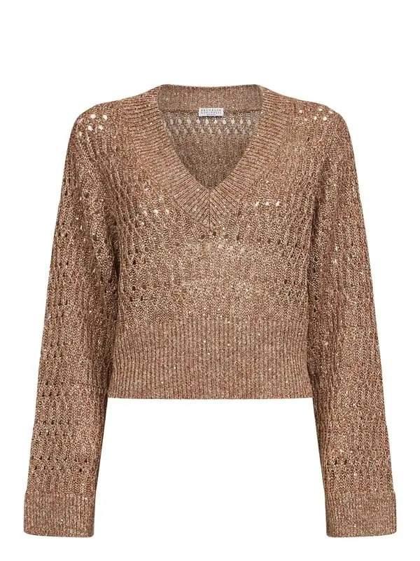 Brunello Cucinelli Brown Linen Dazzling Braids Sweater - Multicolor