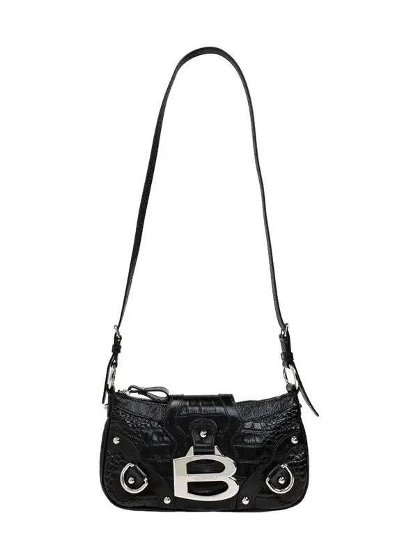 Balenciaga Calf Leather Crocodile Effect Shoulder Bag - Black