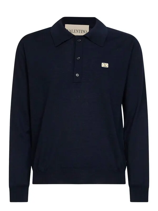 Valentino Garavani Navy Blue Wool Knit Polo Shirt With Vlogo Patch - Multicolor