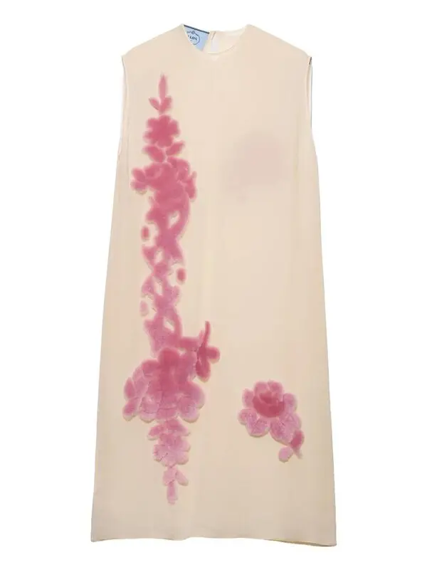 Prada Silk Floral Embroidery Sleeveless Dress - Cream