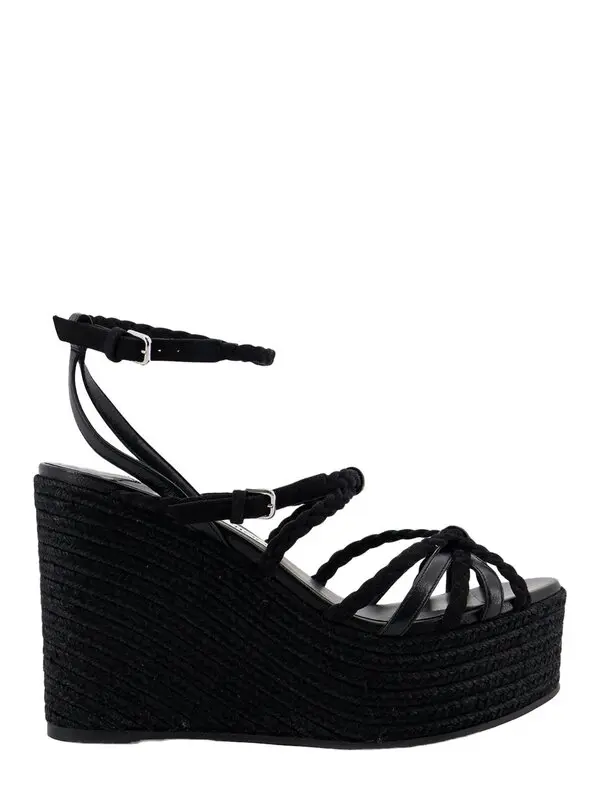 JIMMY CHOO Nyra Leather And Raffia Wedge Sandals - Black